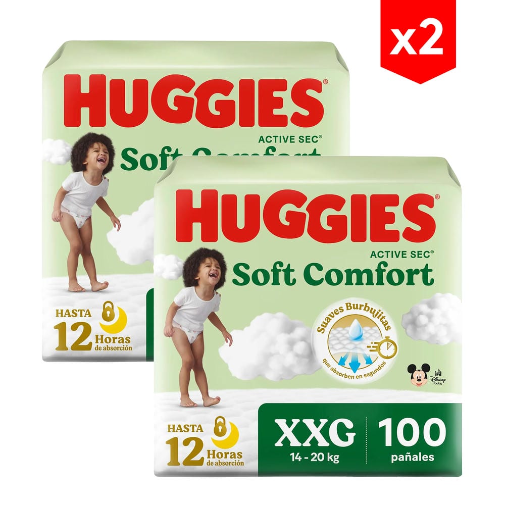 Pañal Huggies Active Sec Soft Comfort XXG x 100 (PACK x 2) - Peque Ayuda